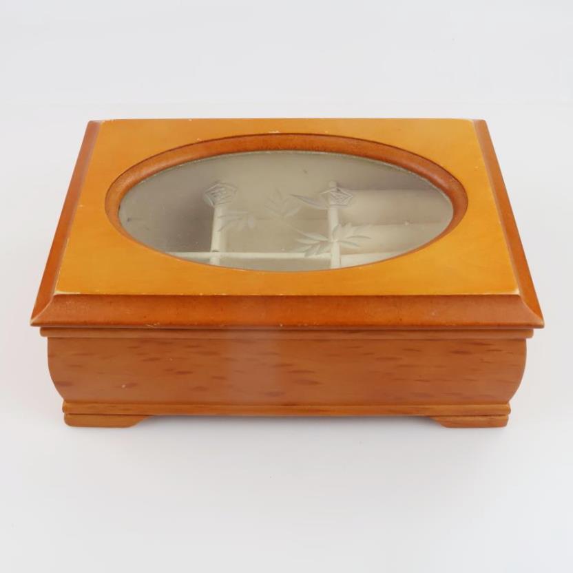 Wooden Jewelry Etched Flower Glass Top Box | Property Room