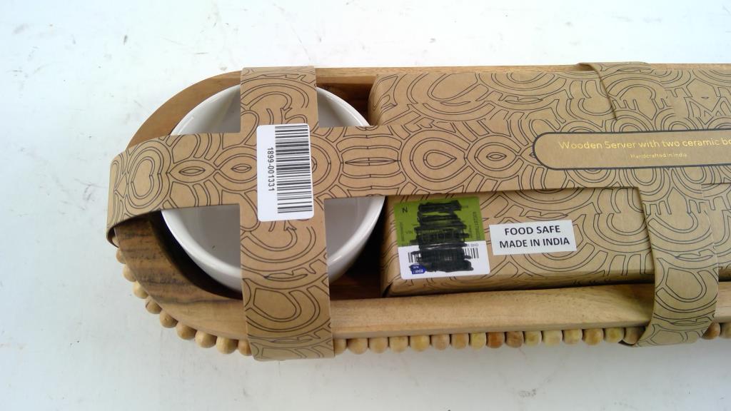 Wooden Server With Two Ceramic Bowls | Property Room