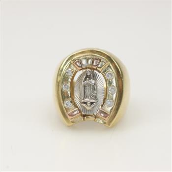 10kt Tri Colored Gold Clear Stone Religious Horseshoe Ring | Property Room