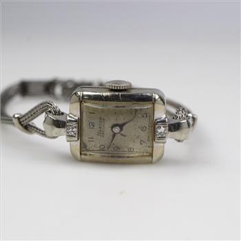 14k White Gold Diamond Banner Precision Antique Watch | Property Room