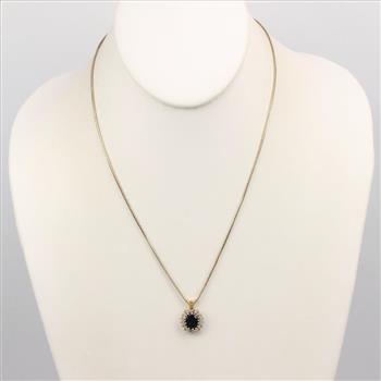 14kt Gold Box Chain Diamond Sapphire Pendant Necklace | Property Room