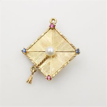 14kt Gold Pearl Graduation Cap With Red And Blue Stone Pendant ...