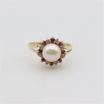 14kt Gold Pearl, Red Stone, Diamond Accent Ring | Property Room