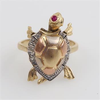 14kt Tri Colored Gold Clear And Red Stone Open Back Turtle Ring ...