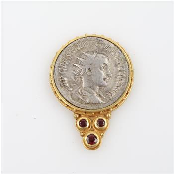18kt Gold Ruby Coin Holder With Ancient Silver Coin | Property Room