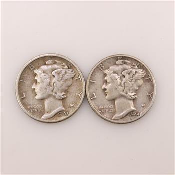 1943 & 1944 Mercury Silver Dimes, 2 Pieces | Property Room