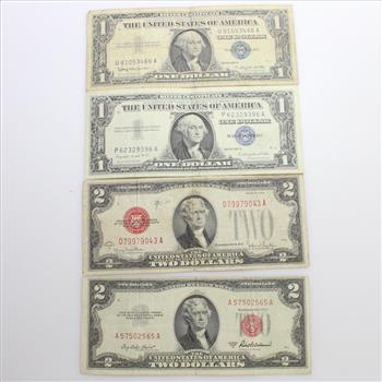 2 $1 Blue Seal Silver Certificates 2 $2 Red Seal Notes | Property Room