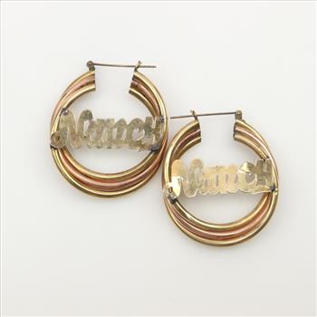 9kt Two-tone Gold Name Plate Hoop Hollow Earrings | Property Room