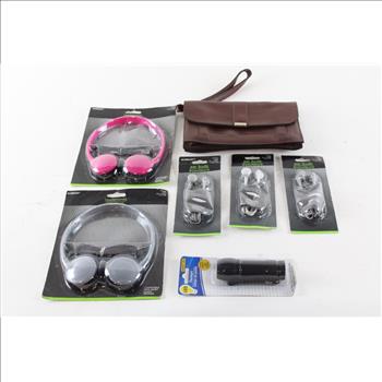 Assortment Of Earbuds And A Brown Purse 7 Pieces | Property Room