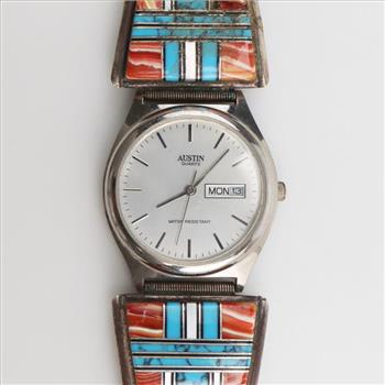 Austin Watch Co. Sterling Silver Turquoise And Rhodochrosite Inlayed ...
