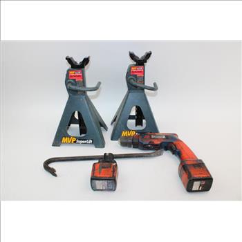 Floor Jack Stands, Pry Bar, & Ryobi Drill; 4 Pieces | Property Room