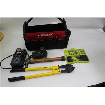 Husky Tool Bag With Stanley 18" Bolt Cutter, Ryobi 18V Battery Pack Amd ...