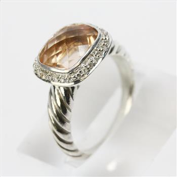 Sterling Silver 5.13g Ring With Peach Colored Stone And Diamond Accents ...
