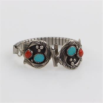 Sterling Silver Turquoise And Coral Watch Band Connectors | Property Room