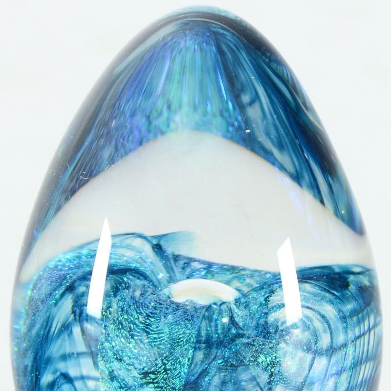 Glass Eye Studios, "Aqua Flower" Hand Blown Glass Egg Sculpture (Second ...