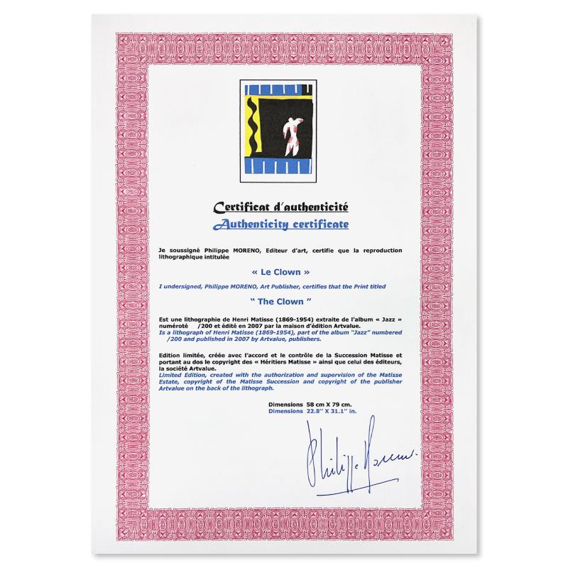 Henri Matisse 1869-1954 (After), "Le Clown (The Clown)" Framed Limited Edition Lithograph with ...