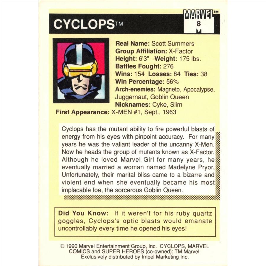 CYCLOPS 1990 Marvel Universe Series 1 Impel BASE Trading Card #8 ...