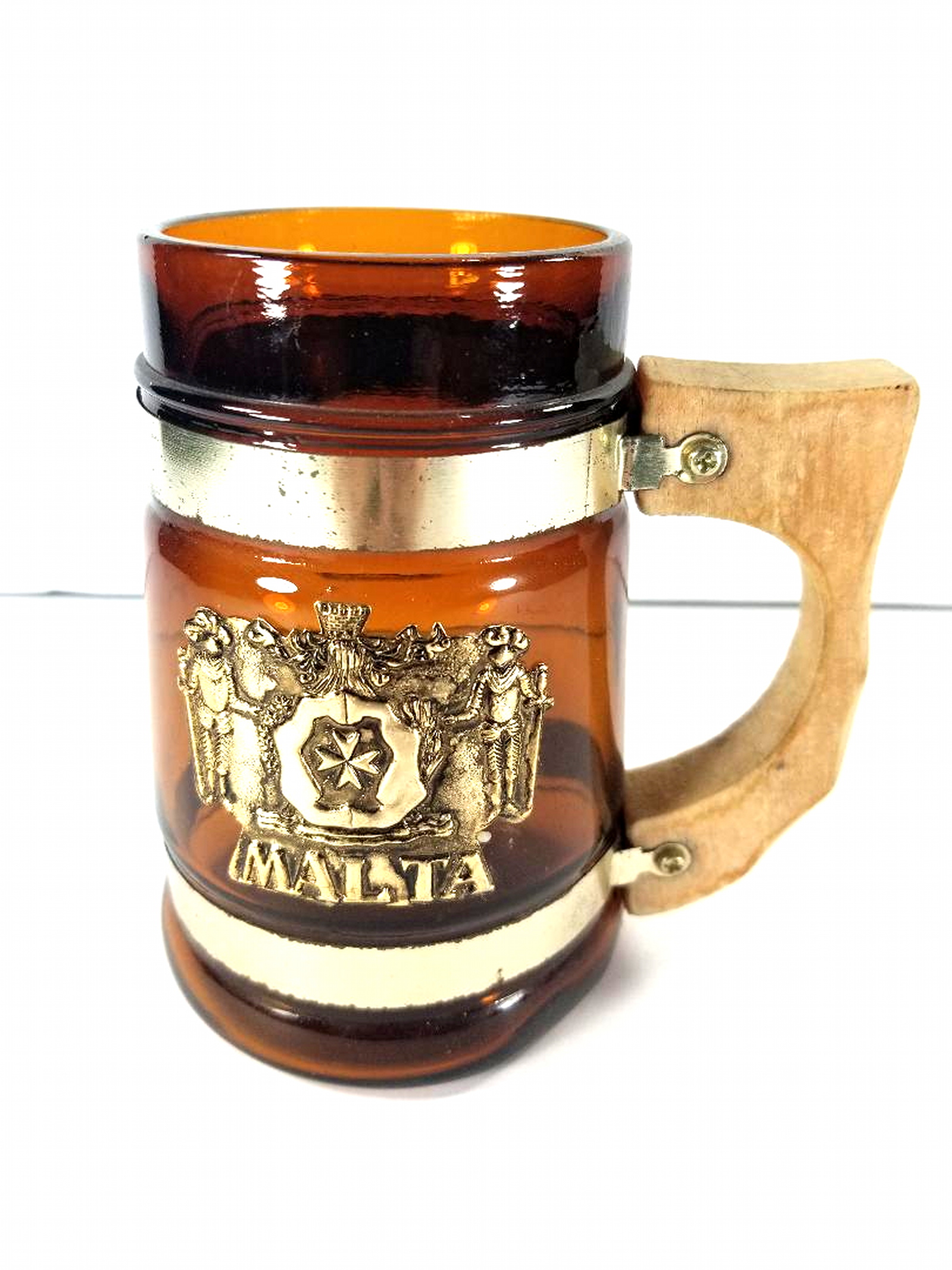 MALTA Vintage Amber Glass Barrel Mug With Wooden Handle | Property Room