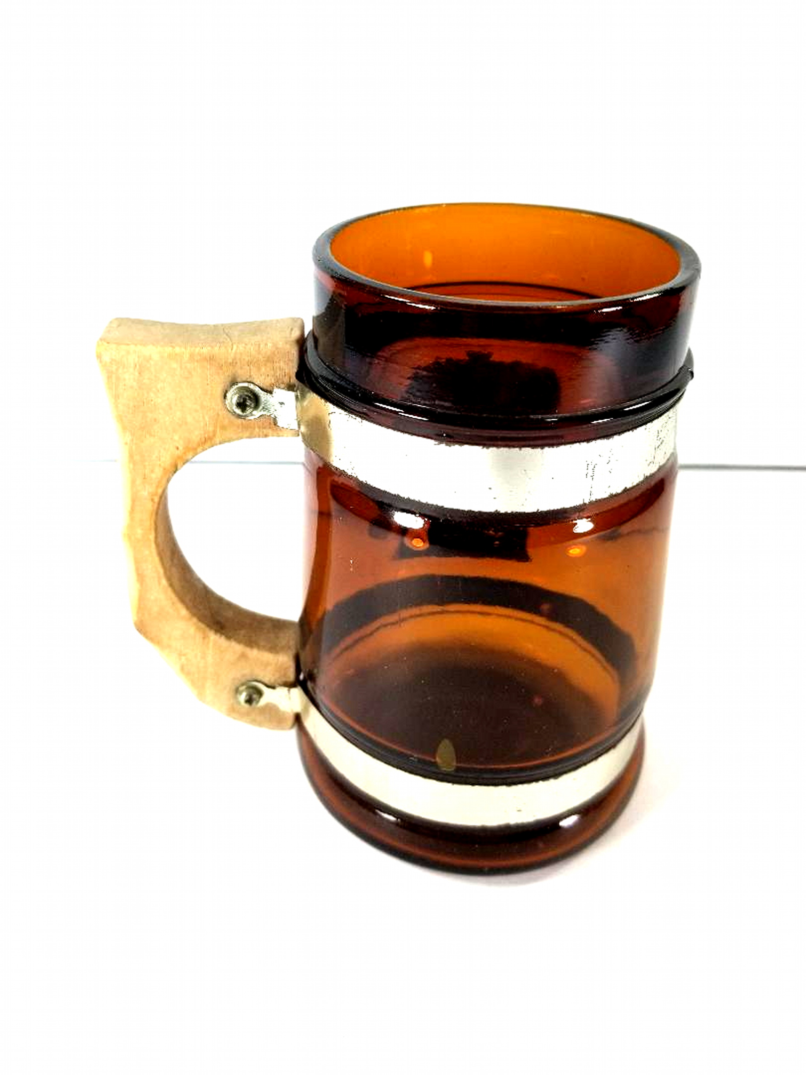 MALTA Vintage Amber Glass Barrel Mug With Wooden Handle | Property Room