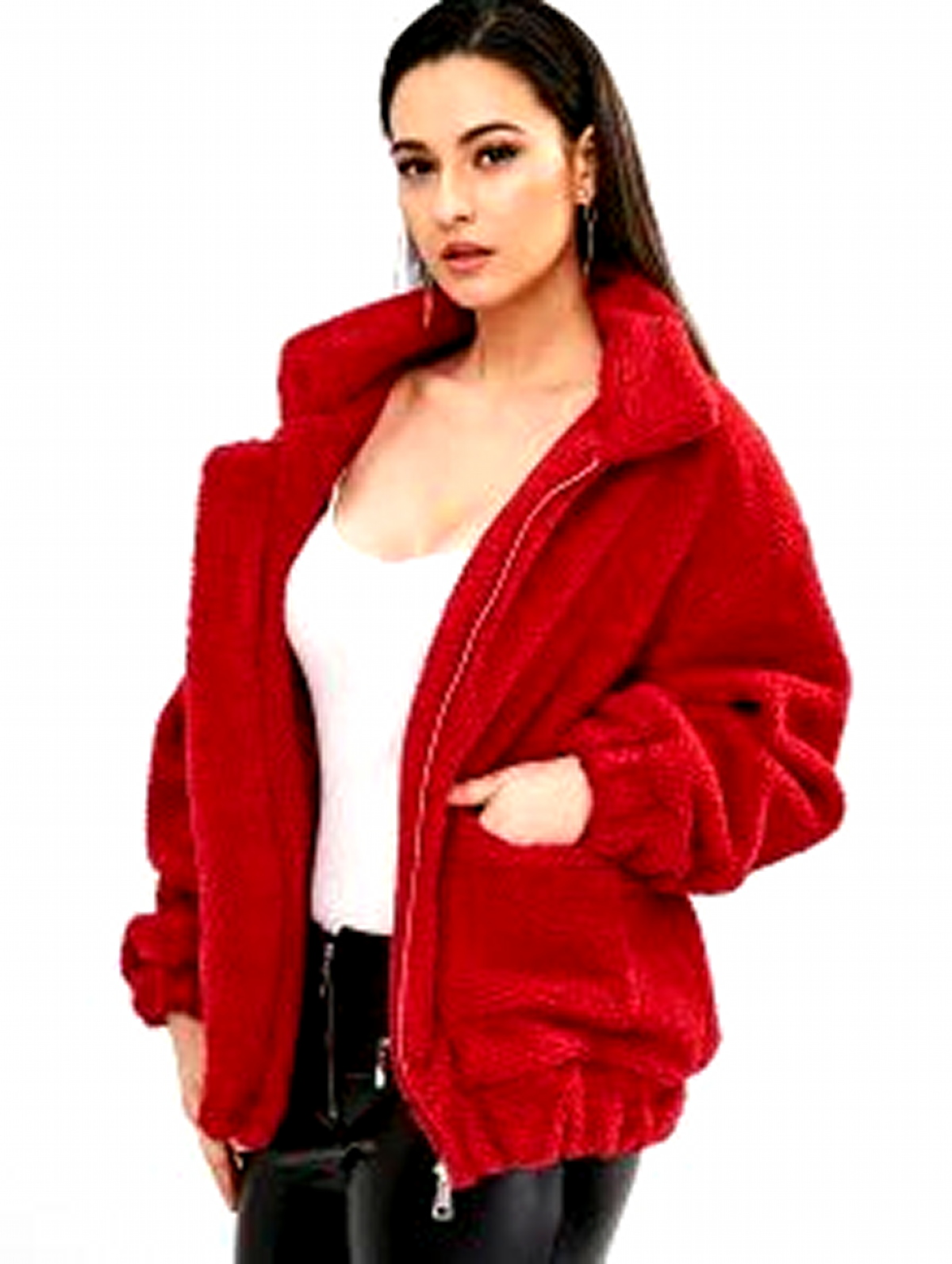 NWT Fluffy Zip Up Winter Teddy Coat - Red Size L | Property Room