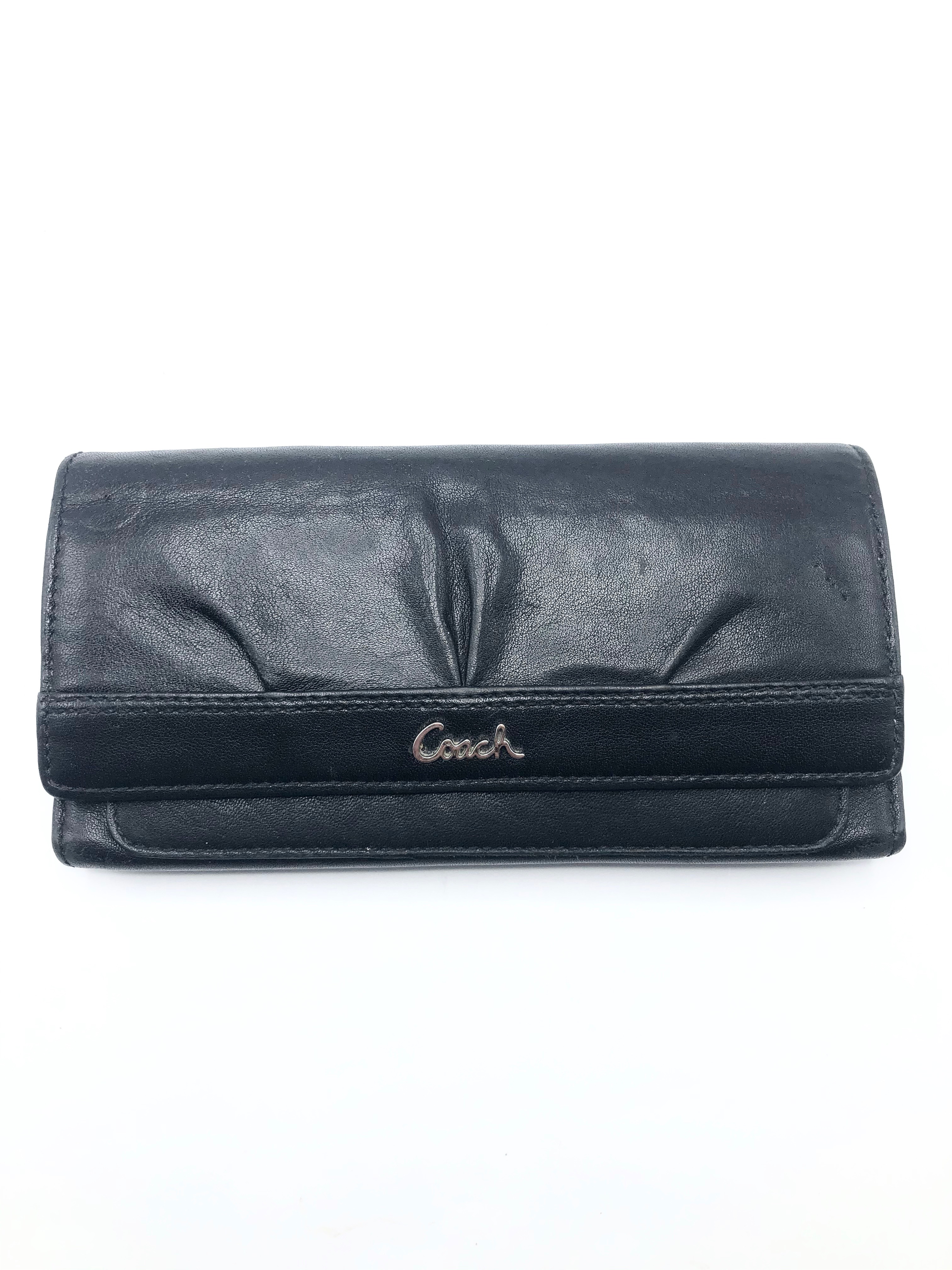 Coach Black Leather Trifold Wallet Silver Logo | Property Room