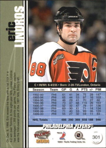 2000-01 Pacific Philadelphia Flyers Hockey Card #301 Eric Lindros ...