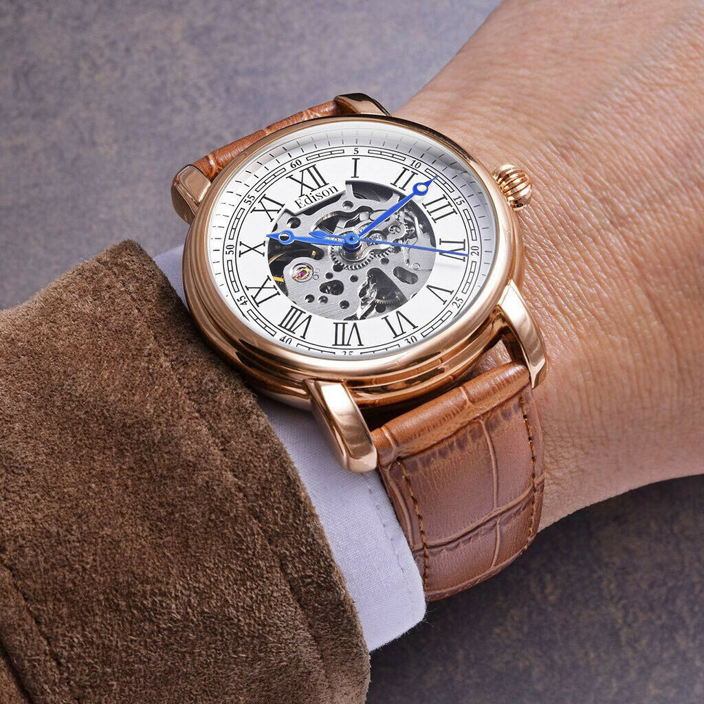 EDISON AUTOMATIC WATCH ROSE GOLD CASE SKELETON DIAL Retail $750.00 ...