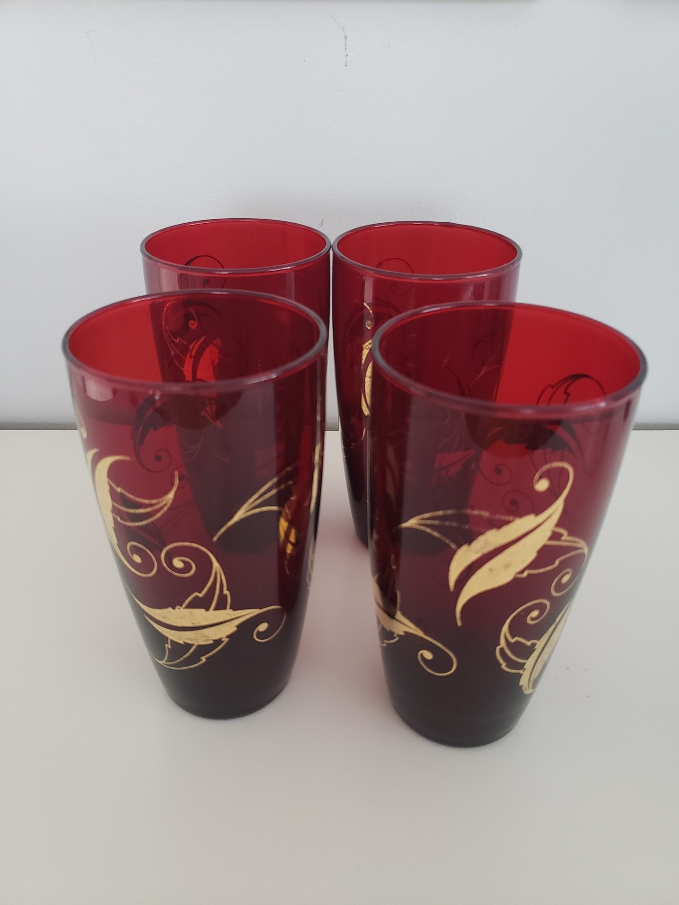 VTG Anchor Hocking Glass Set of 4 Ruby Red Gold Leaf Tumblers ...