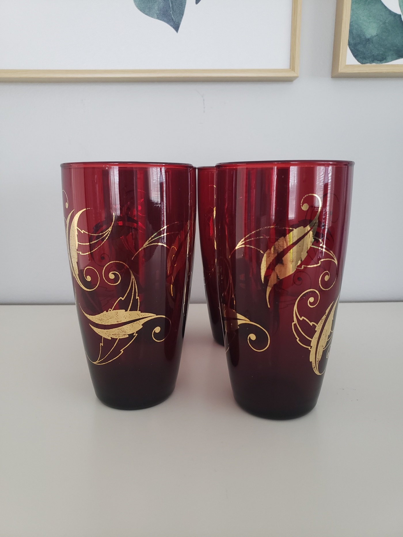 VTG Anchor Hocking Glass Set of 4 Ruby Red Gold Leaf Tumblers ...