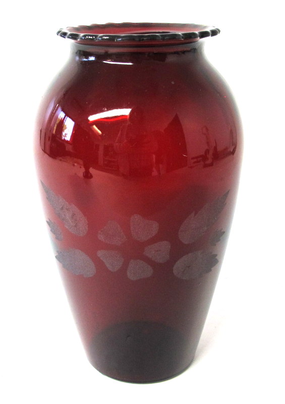 Vintage Ruby Red Vase with Sand Blasted Design | Property Room
