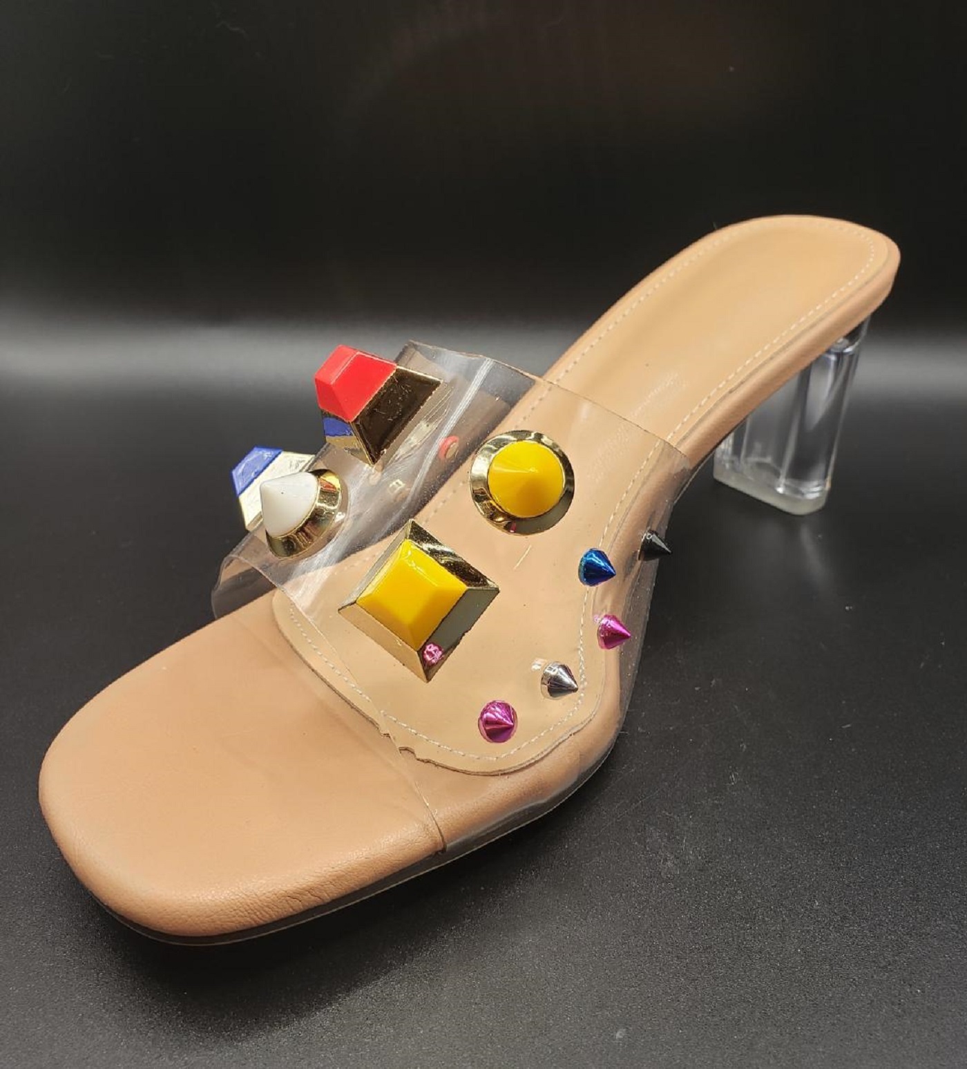 Women's Colorful Studs PVC Clear Strap Thick Mid Heels Sandals Sz 7 ...