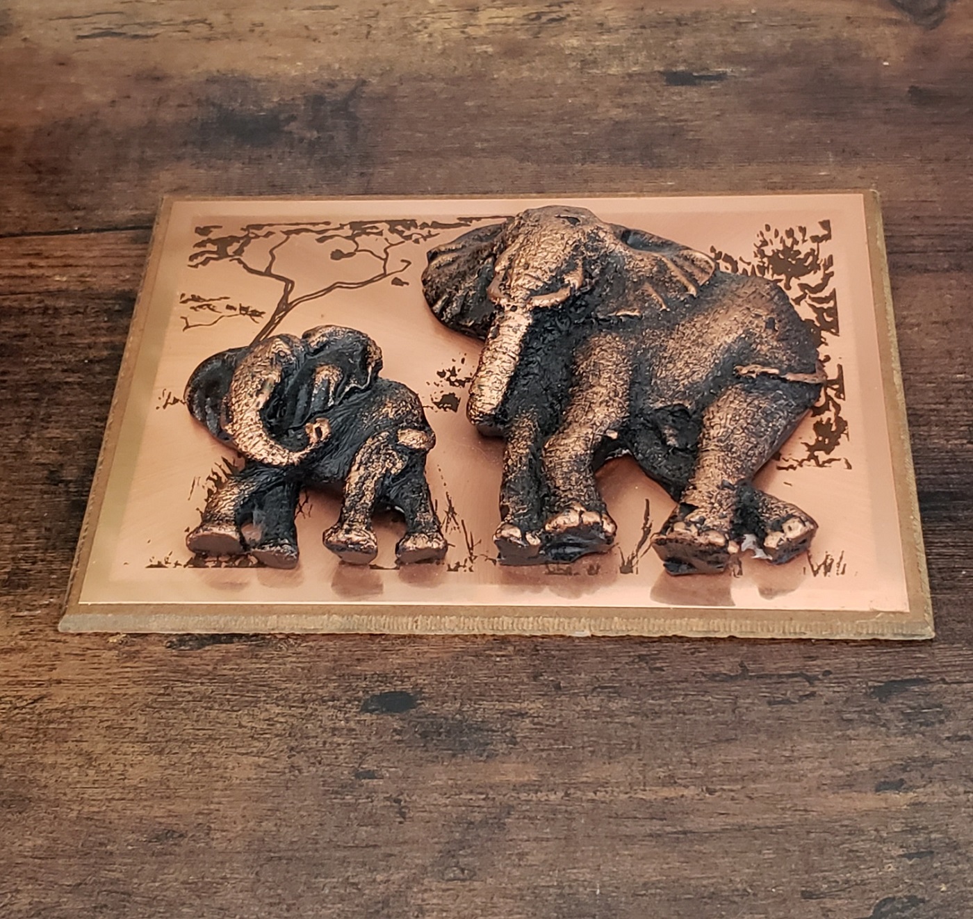 Vintage Hand Crafted Copper 3D Resin Mother & Baby Elephant Wooden ...