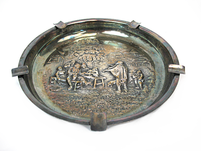 Silverplated Ashtray Depicting Villagers Rejoicing c. 1940s | Property Room