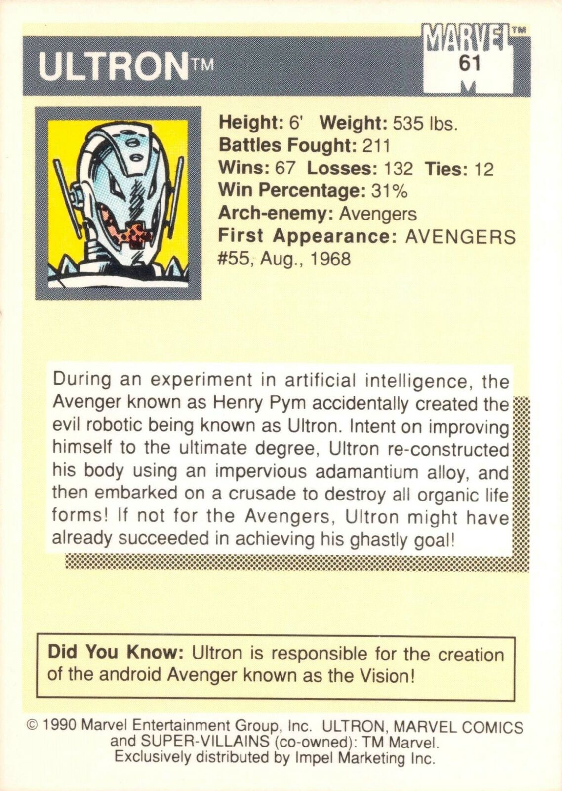 1990 Marvel Impel Ultron Super-Villains Trading Card #61 | Property Room