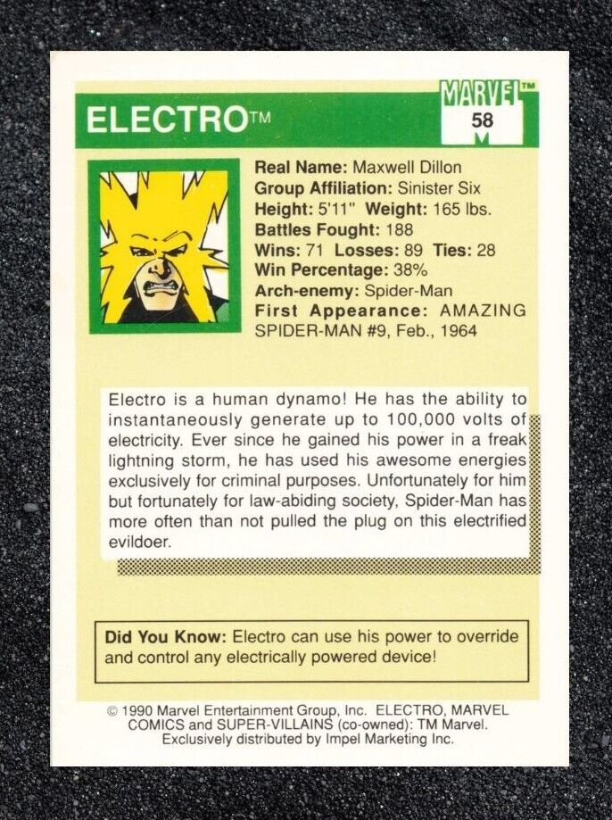 1990 Marvel Impel Electro Super-Villains Trading Card #58 | Property Room