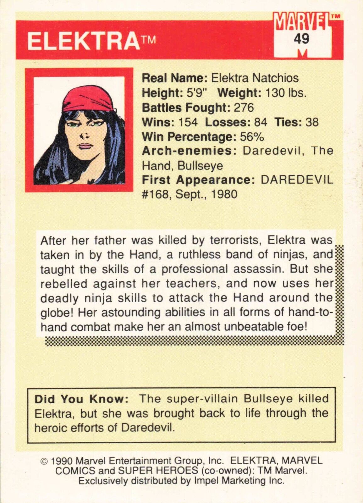 1990 Marvel Impel Elektra Super-Heroes Trading Card #49 | Property Room