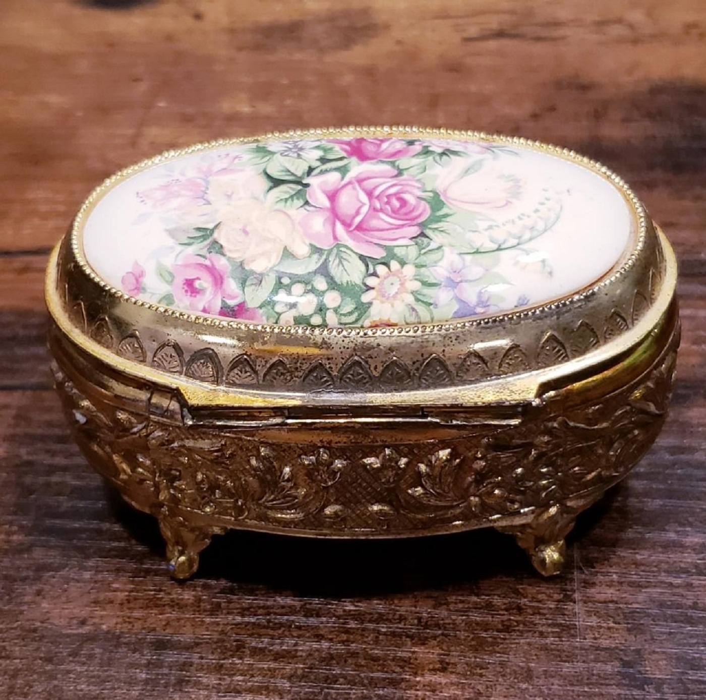 Vintage Oval Goldtone Trinket Box with Porcelain Floral Lid - Made in ...