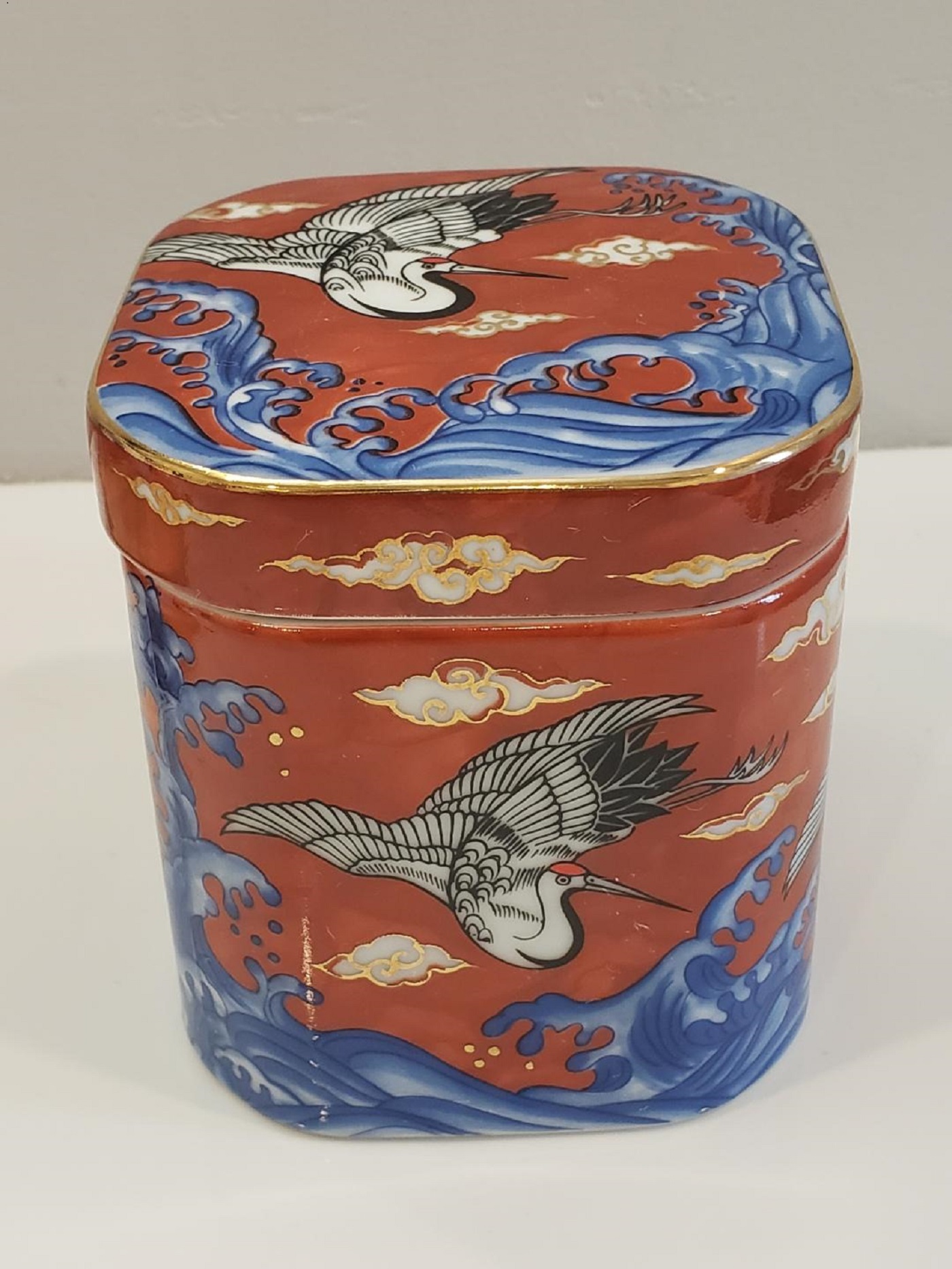 VTG Hand Painted Glazed Crane Bird Porcelain Lidded Trinket Jar-Made in ...