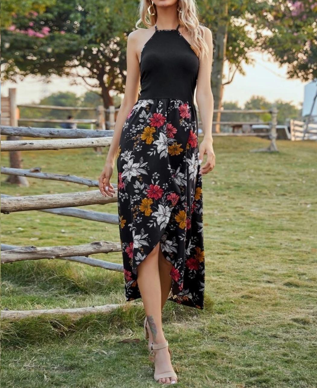 FLORAL PRINT TULIP HEM TIE BACK HALTER HI-LOW DRESS-SMALL | Property Room