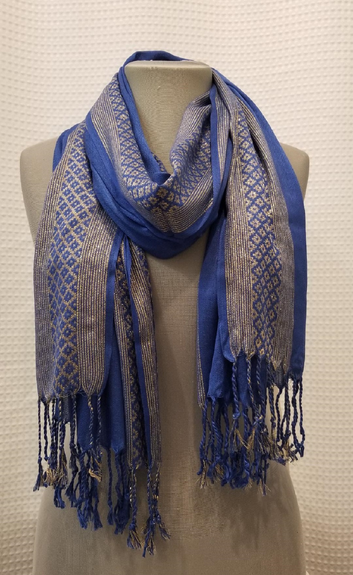 Women's Blue and Gold Tassel Scraf | Property Room
