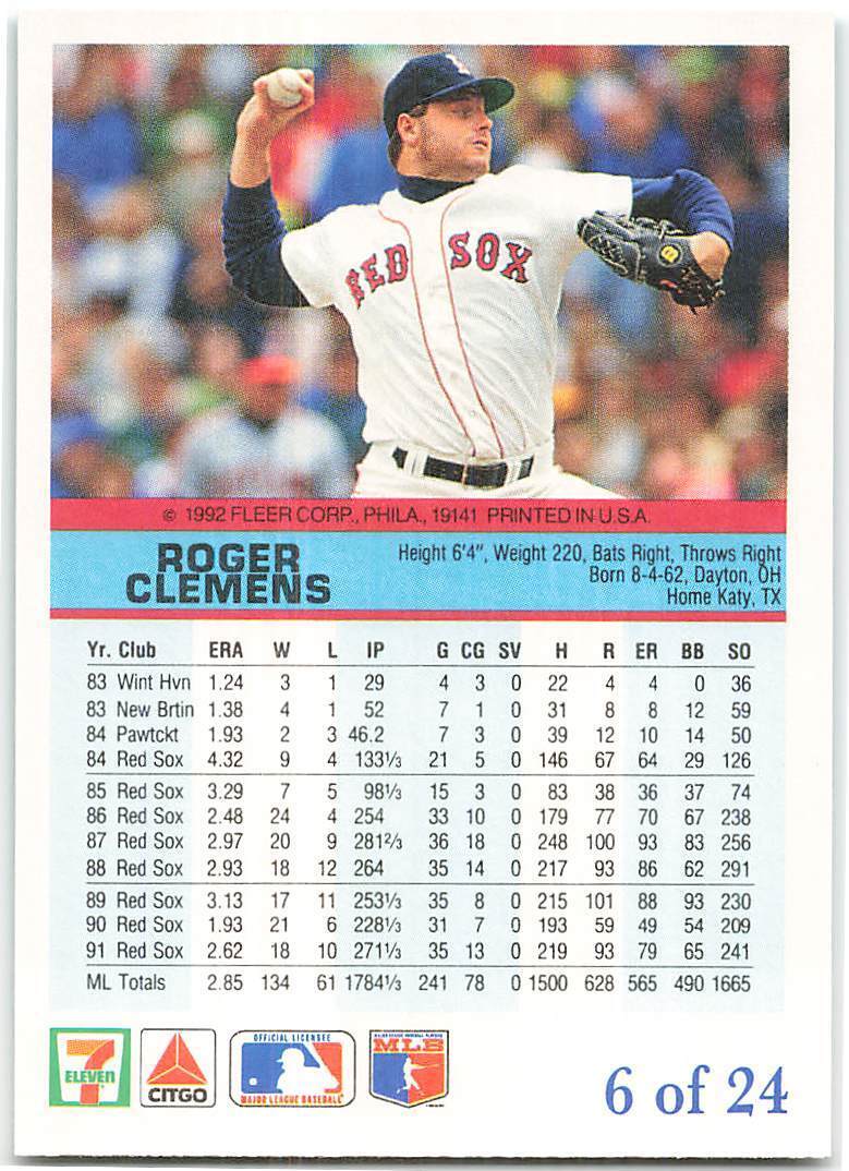 Vintage 1992 Fleer Performer Collection #6 of 24 Roger Clements Boston ...
