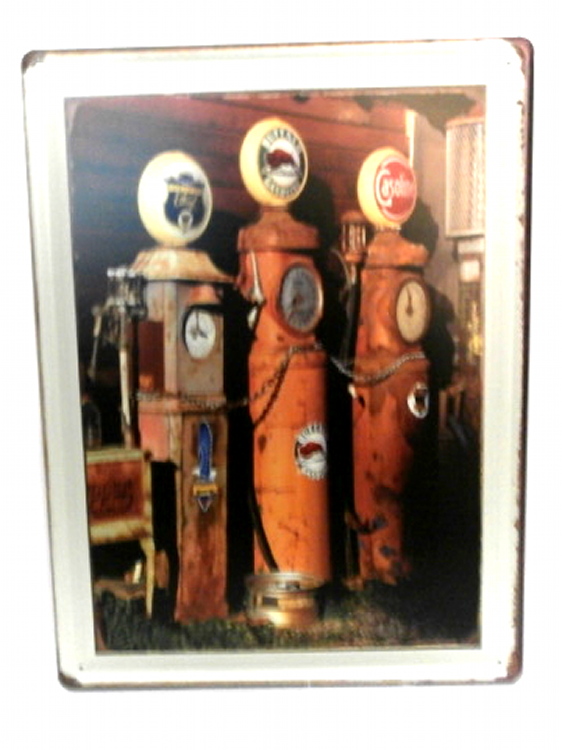 3 Antique Gas Pumps Metal Sign 12" x 15" | Property Room