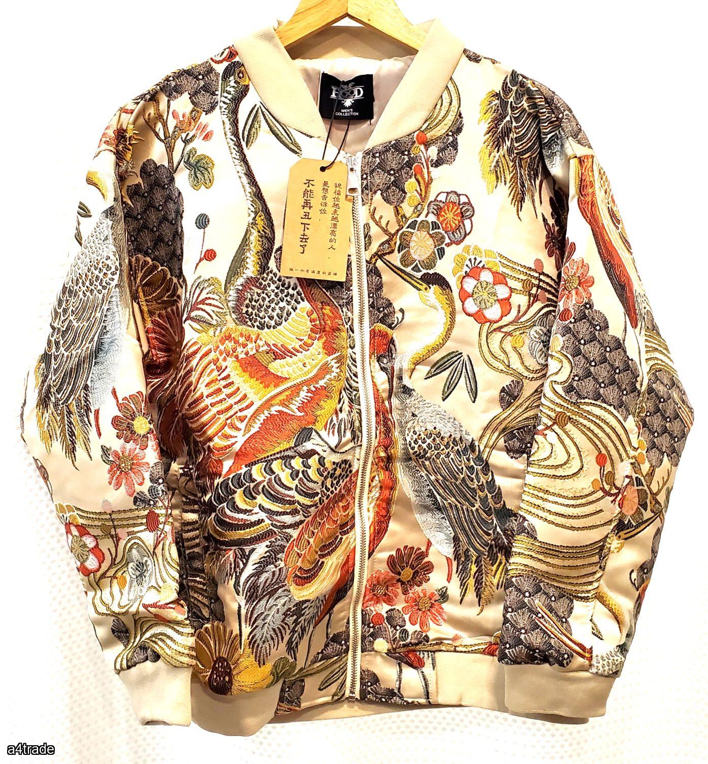 Men's Japanese Vintage Style Crane Full Zip Embroidery Bomber Jacket ...