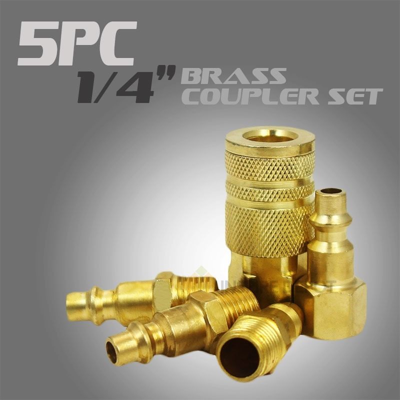 5pc Brass Plated Quick Air Hose Coupler Set Connector Fitting 1/4"NPT ...