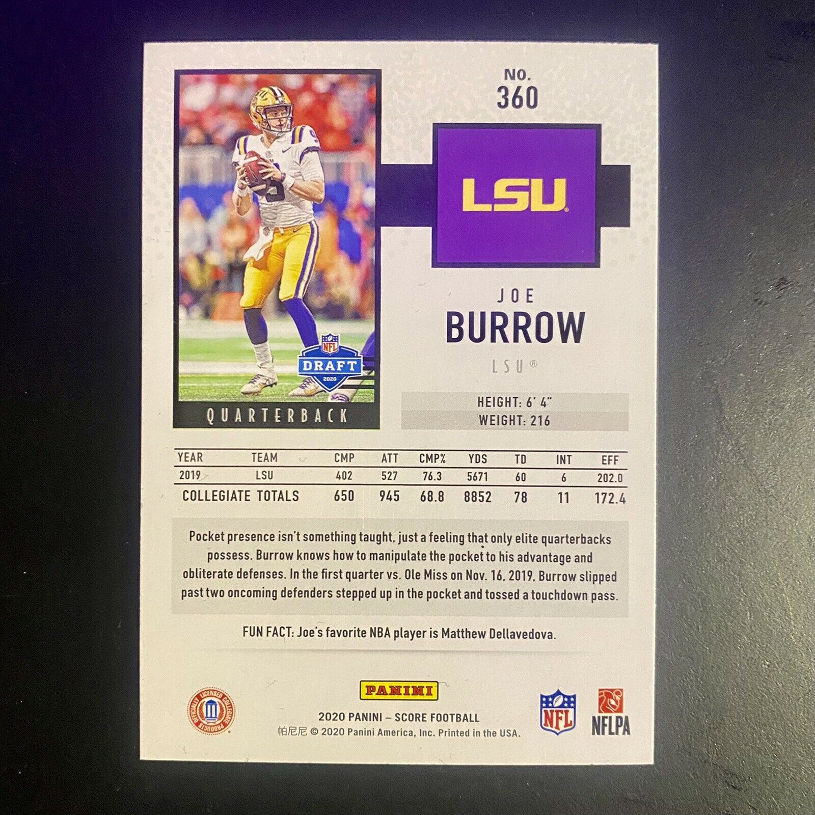 2020 Panini Score Joe Burrow RC #360 Rookie Card NFL Bengals | Property ...