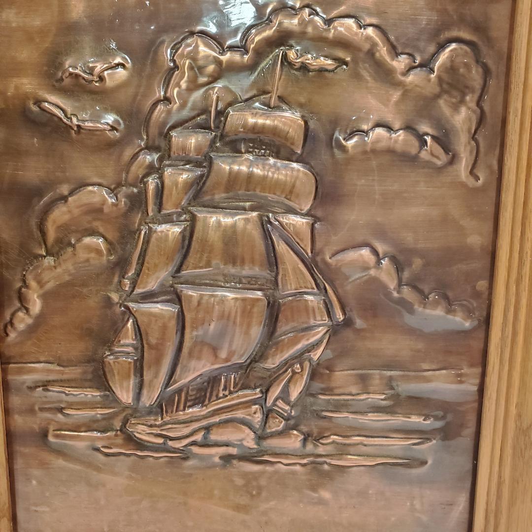 Vintage Framed in Wood 3D Copper Art Ship Nautical on the Sea ...