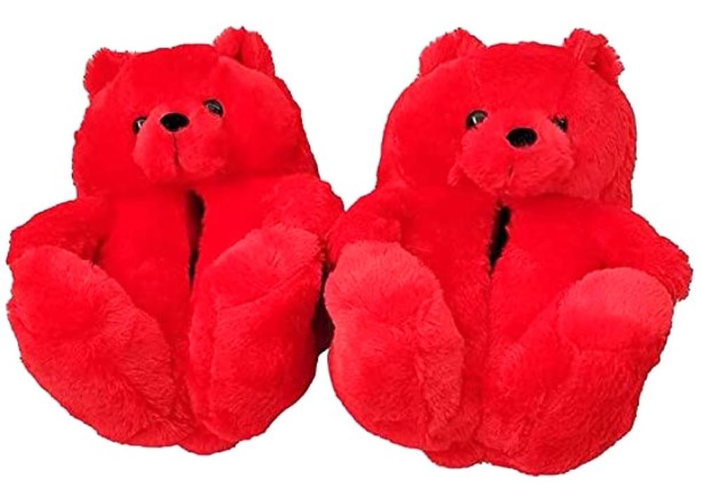 Women Plush Teddy Bear Slippers Red Size 6/7 | Property Room
