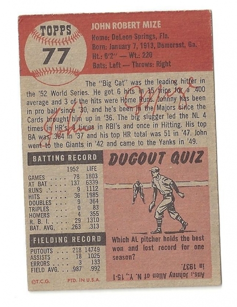 JOHN MIZE 1953 TOPPS '53 Major League Baseball Card #77 EX New York ...
