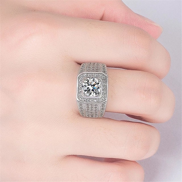 Mens 14K White Gold Color 925 Sterling Silver With Cubic Zirconia Stone ...