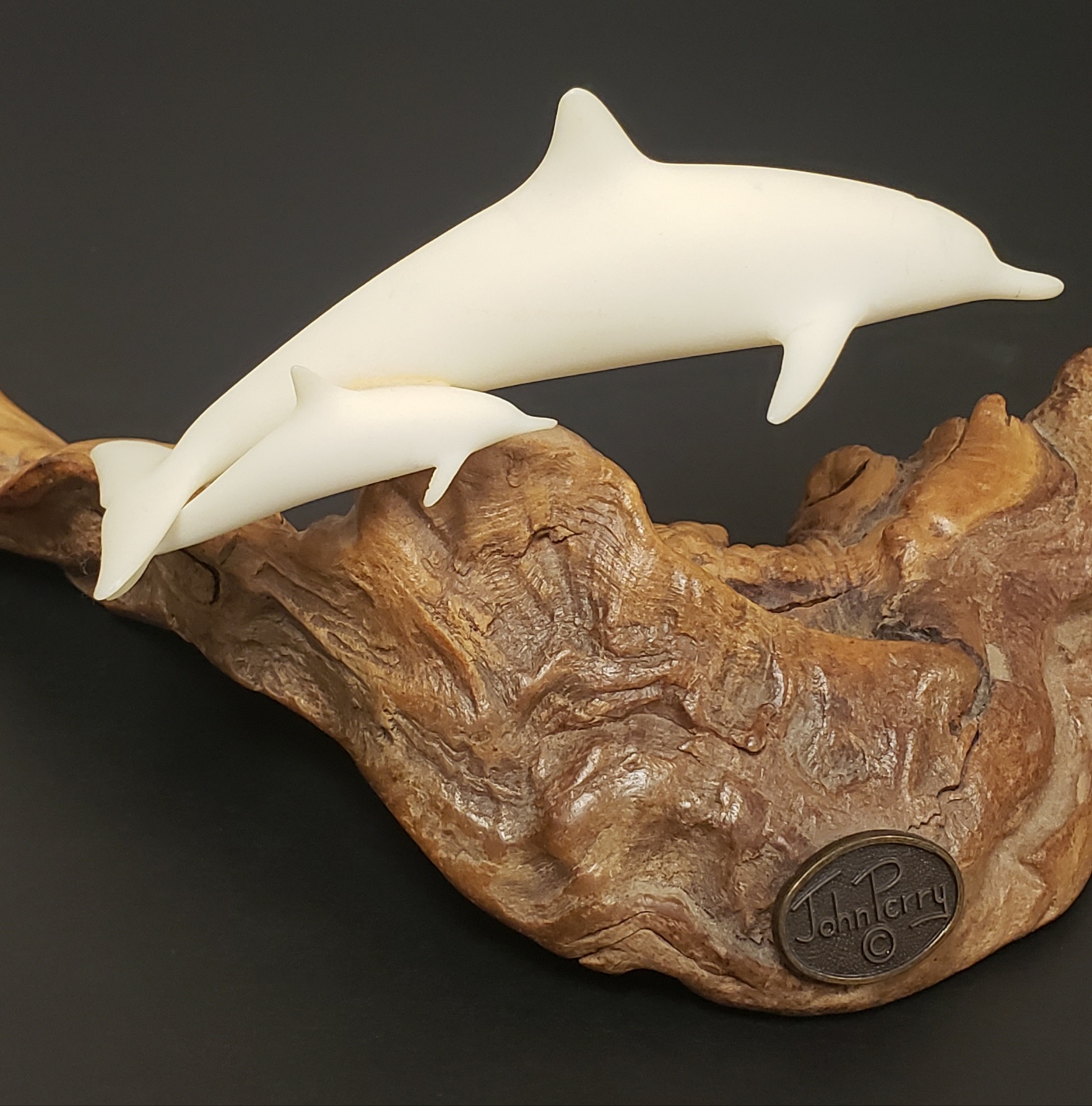 Vintage John Perry Mother & Calf Dolphins Sculpture On Burlwood Base ...